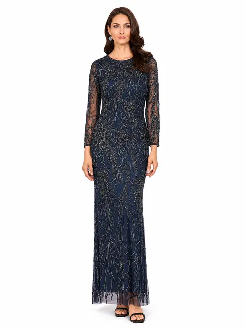 LARA NEW YORK High Neck Long Sleeve Beaded Gown - Navy