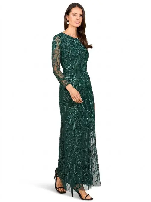 LARA NEW YORK High Neck Long Sleeve Beaded Gown - Teal