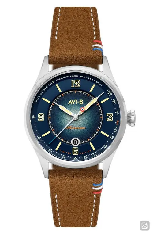 AVI-8 Flyboy Lafayette Automatic 110th Anniversary Limited Edition Leather Strap Watch - Blue