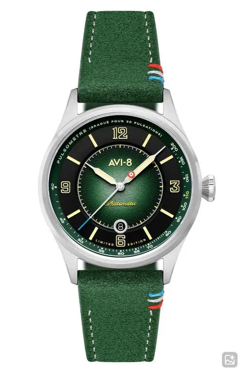 AVI-8 Flyboy Lafayette Automatic 110th Anniversary Limited Edition Leather Strap Watch - Green