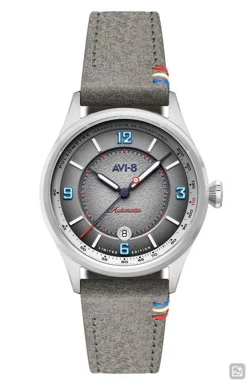AVI-8 Flyboy Lafayette Automatic 110th Anniversary Limited Edition Leather Strap Watch - Grey