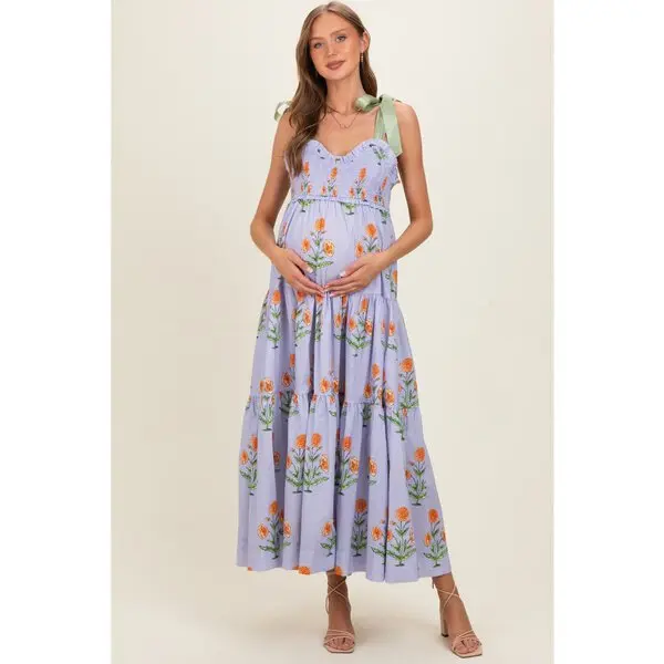 PINKBLUSH Floral Sweetheart Neckline Smocked Maxi Dress - Lavender