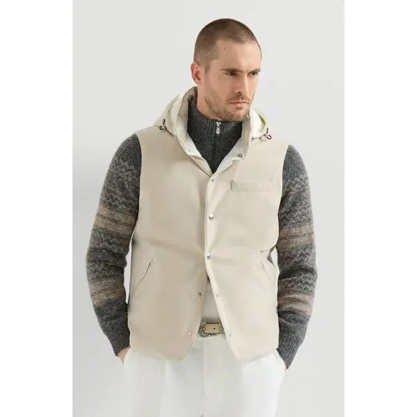 Brunello Cucinelli Bonded Wool Flannel Down Vest With Detachable Hood - Sand