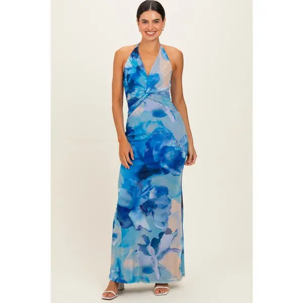 PINKBLUSH Floral Halter Mesh Maxi Dress - Blue