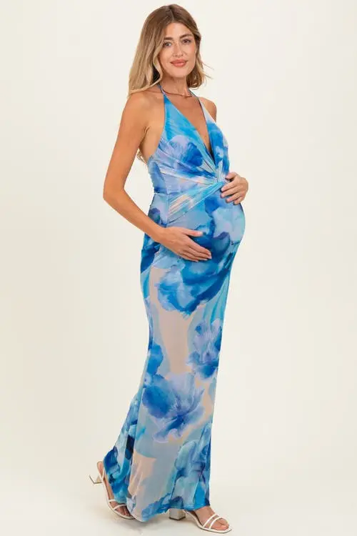 PINKBLUSH Floral Halter Mesh Maxi Dress