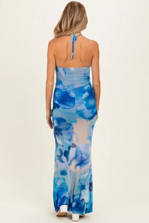 PINKBLUSH Floral Halter Mesh Maxi Dress