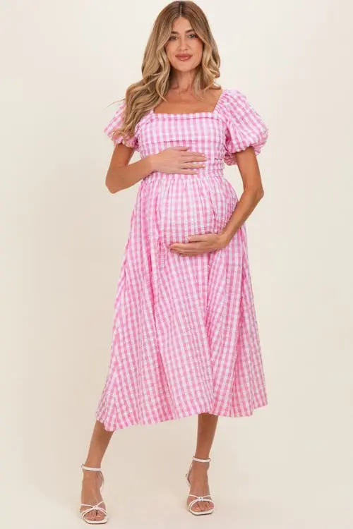 PINKBLUSH Gingham Puff Sleeve Maternity Midi Dress