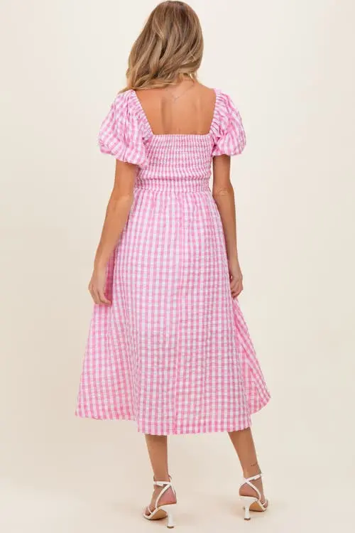 PINKBLUSH Gingham Puff Sleeve Maternity Midi Dress