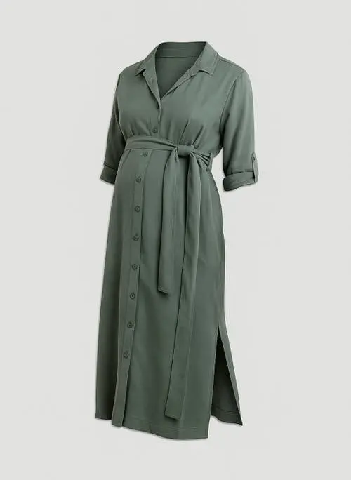 Isabella Oliver Kelsy Maternity Belted Shirt Dress - Khaki