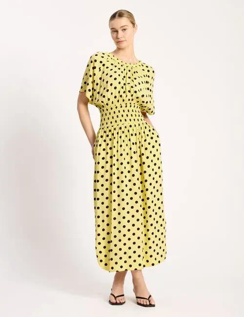 ALBARAY Polka Dot Shirred Waist Midi Dress