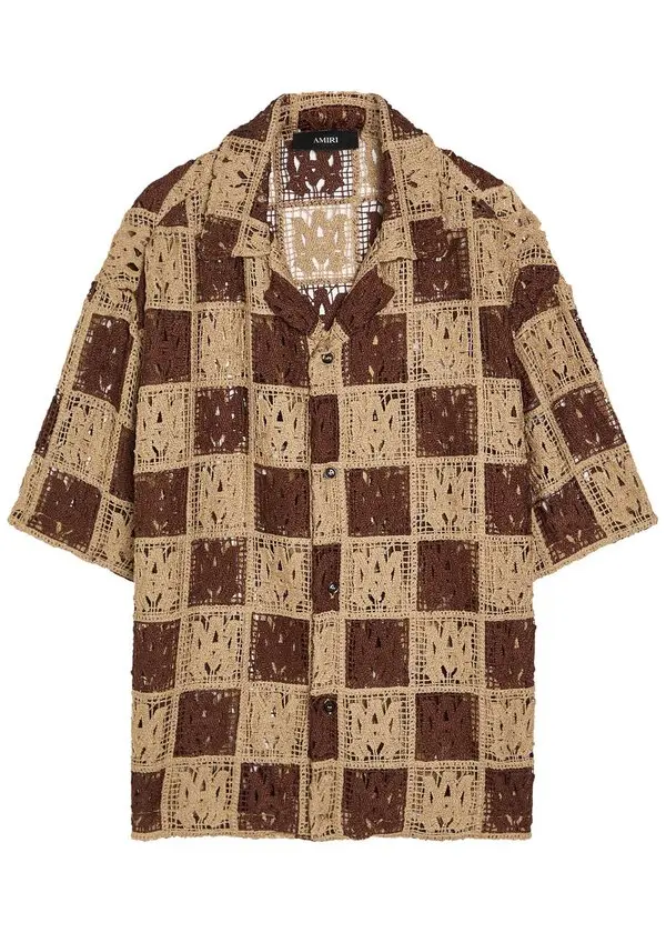 Amiri Checked Logo-monogram Open-knit Shirt - Brown