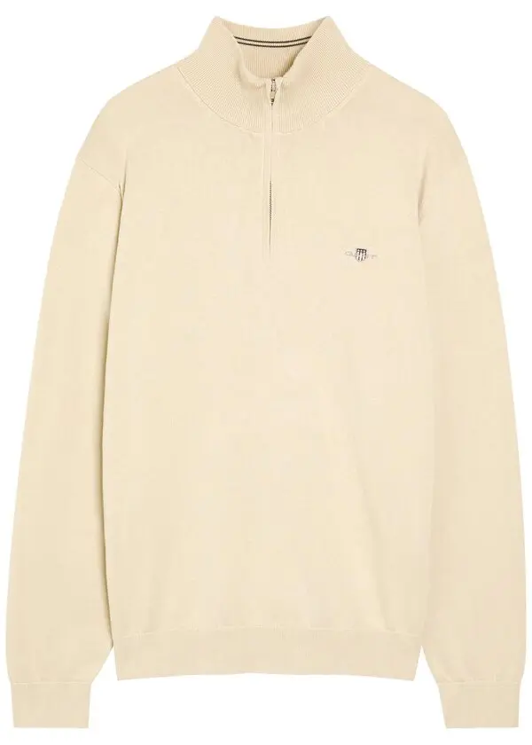Gant Logo-embroidered Quarter-zip Cotton Jumper - Beige