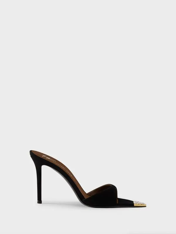 GIUSEPPE ZANOTTI Pointed Suede Mule With Rhinestone Embellished Metal Toe Cap - Black