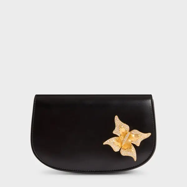 GIUSEPPE ZANOTTI Leather Clutch With Rhinestone Butterfly Jewel - Black