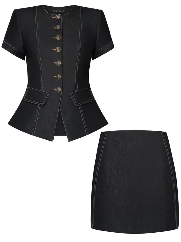 TIA DORRAINE Short Sleeves Denim Blazer & Skirt Set - Black
