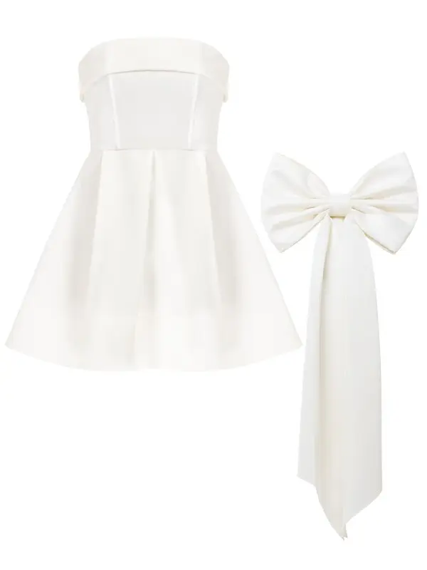 TIA DORRAINE Wild Flower Satin Mini Dress With Statement Bow Belt - White