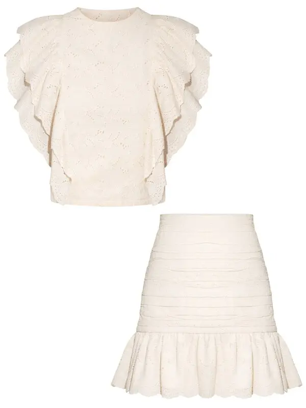 TIA DORRAINE Ruffled Open Back Top And Ruched Mini Skirt Set - Beige