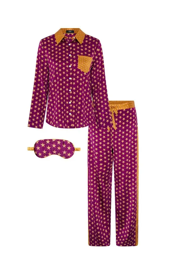 JESSICA RUSSELL FLINT Pyjama & Eye Mask Set Burgundy Stars - Red