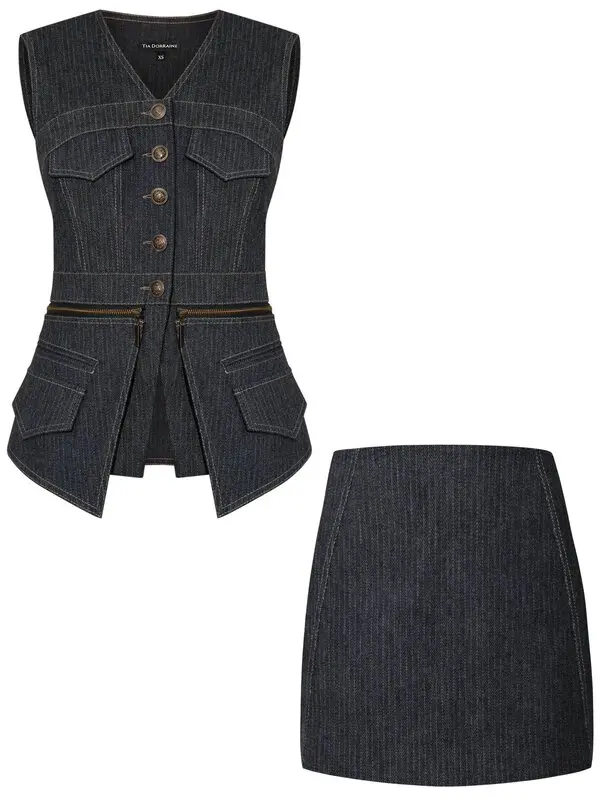 TIA DORRAINE Sleeveless Denim Top Vest & Skirt Set Pinstripe - Blue