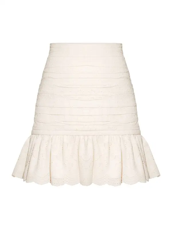 TIA DORRAINE Ruched Cotton Mini Skirt With Ruffle Hem - Beige