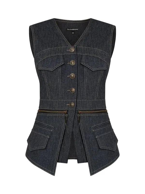TIA DORRAINE Sleeveless Denim Top Vest Pinstripe - Blue