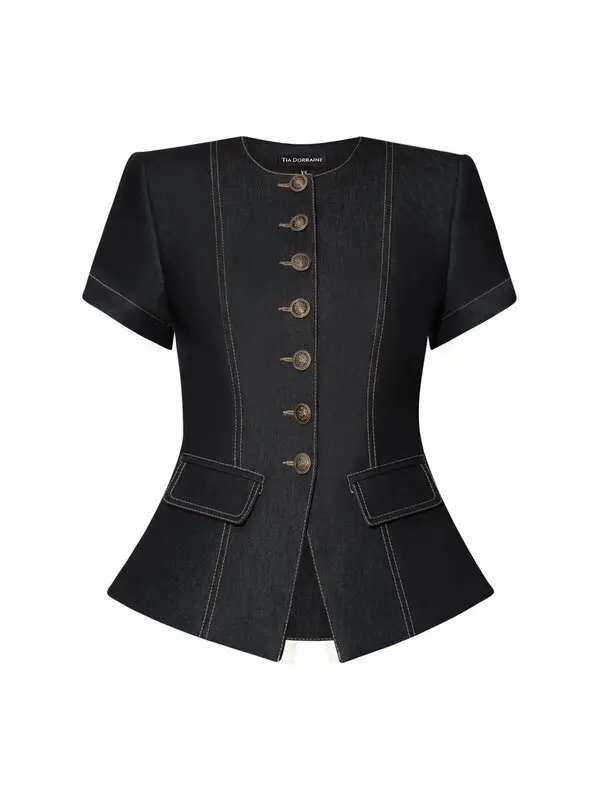 TIA DORRAINE Short Sleeves Denim Blazer - Black