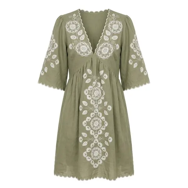 RAFFYA Arabella Embroidered V-neck Mini Dress - Green