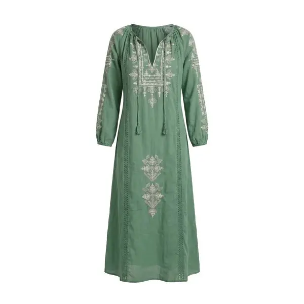 RAFFYA Aurelia Embroidered Kaftan Maxi Dress - Green