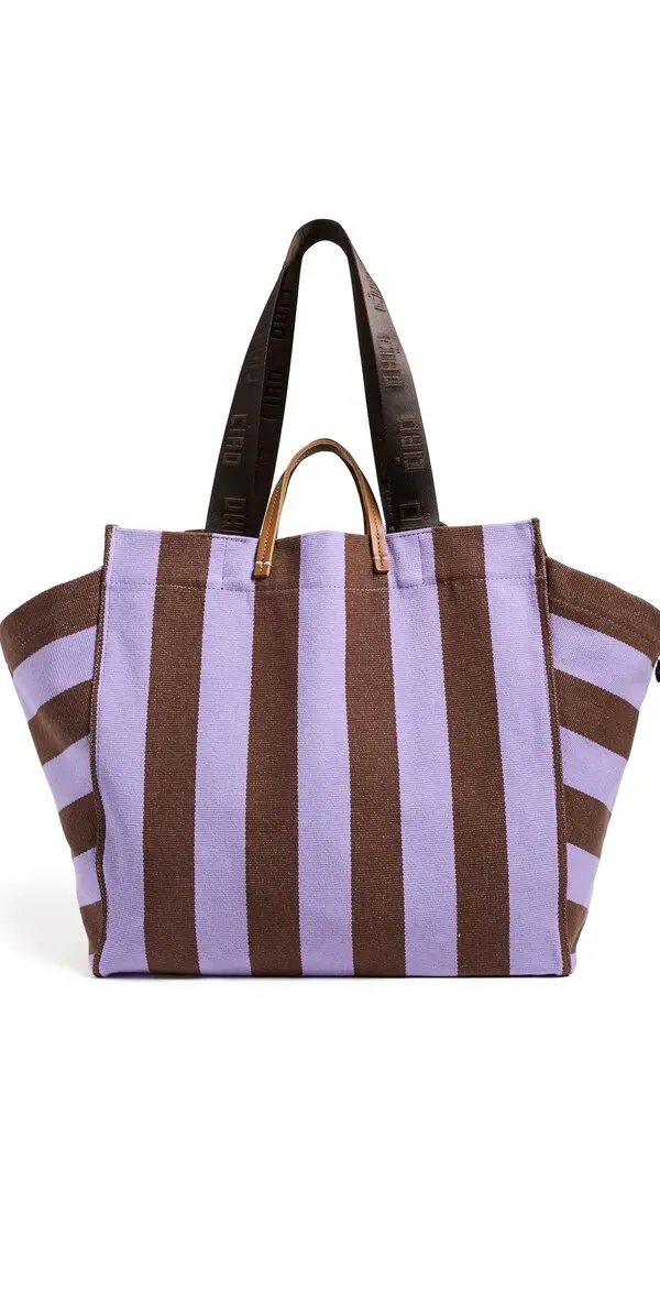 Clare V. Canvas Stripe Beach Tote Bag - Jacaranda/hazelnut