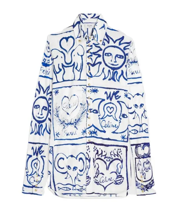 Celine Shirt In Printed Silk Jersey - White/blue