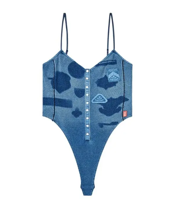DIESEL® Bodysuit In Ribbed Jersey With Shadow-patch Effects - Medium Blue
