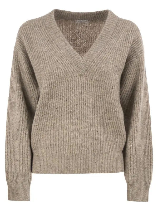 Brunello Cucinelli Ribbed Cashmere, Mohair, And Wool Jumper With Luminous Yarn - Cream
