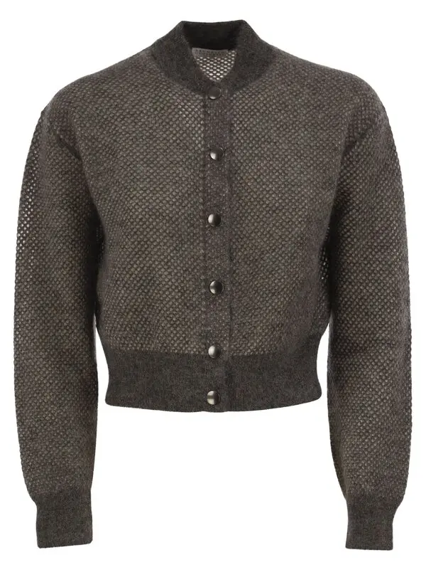 Brunello Cucinelli Openwork Mohair Blend Cardigan With Shimmering Yarn - Brown