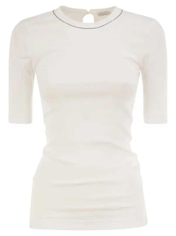 Brunello Cucinelli Ribbed Stretch Cotton T-shirt With Monili Trim - White
