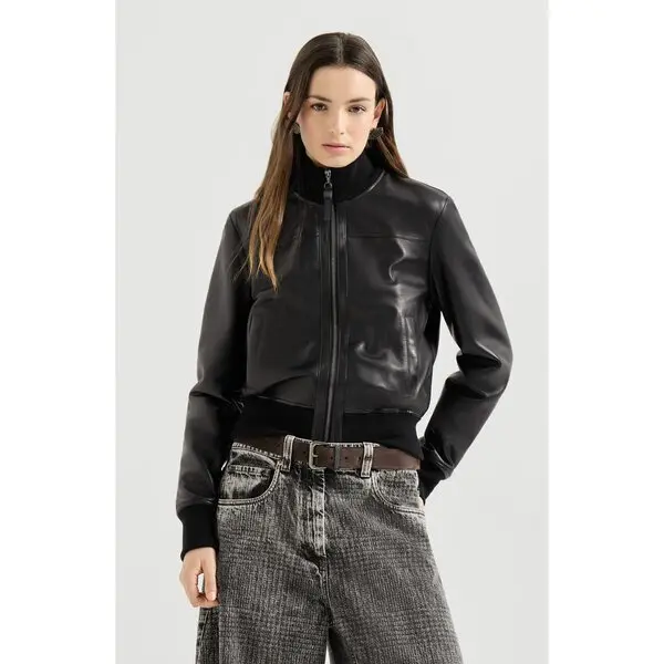 Brunello Cucinelli Nappa Leather Bomber Jacket With Monili Detail - Black