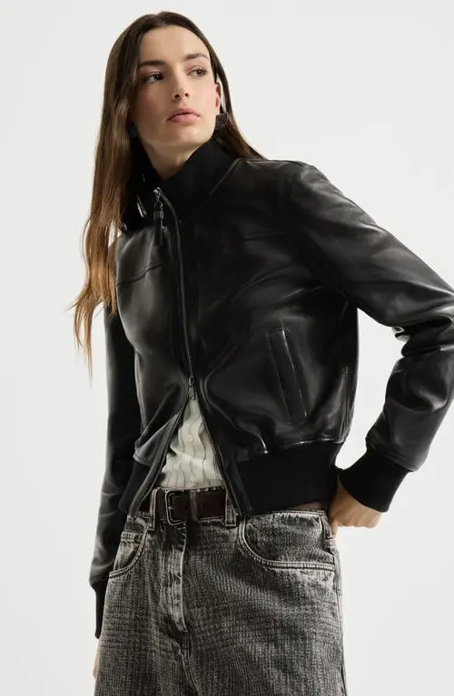 Brunello Cucinelli Nappa Leather Bomber Jacket With Monili Embellishment