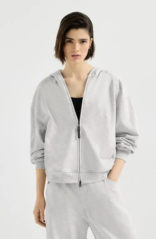 Brunello Cucinelli Cotton Smooth French Terry Topwear With Shiny Zipper Pull - Silver