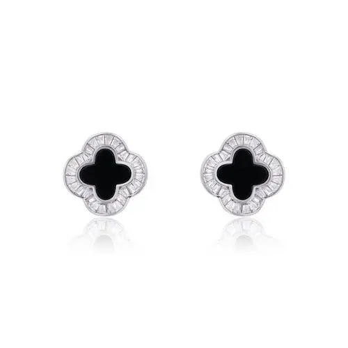 THE LOVERY FINE JEWELRY Large Cz Clover Stud Earrings - Onyx