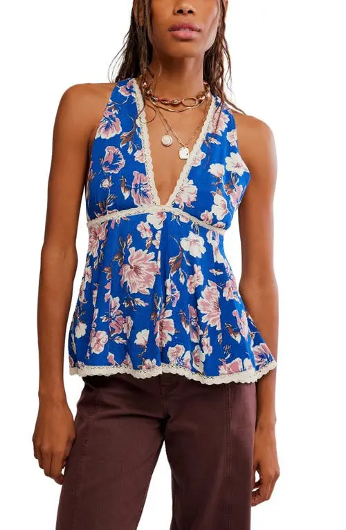Free People Rome Printed Lace Trim Tank - Navy Combo