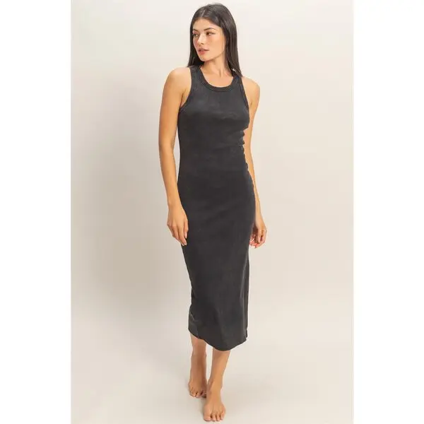 PINKBLUSH Acid Washed Ribbed Midi Tank Dress - Black