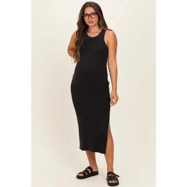 PINKBLUSH Acid Washed Ribbed Midi Tank Dress - Black