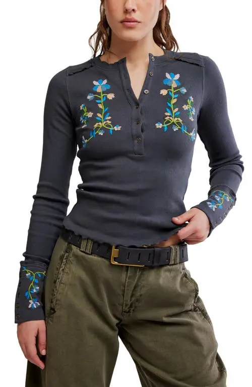 Free People Fleur Embroidered Henley Top - Graphite Combo