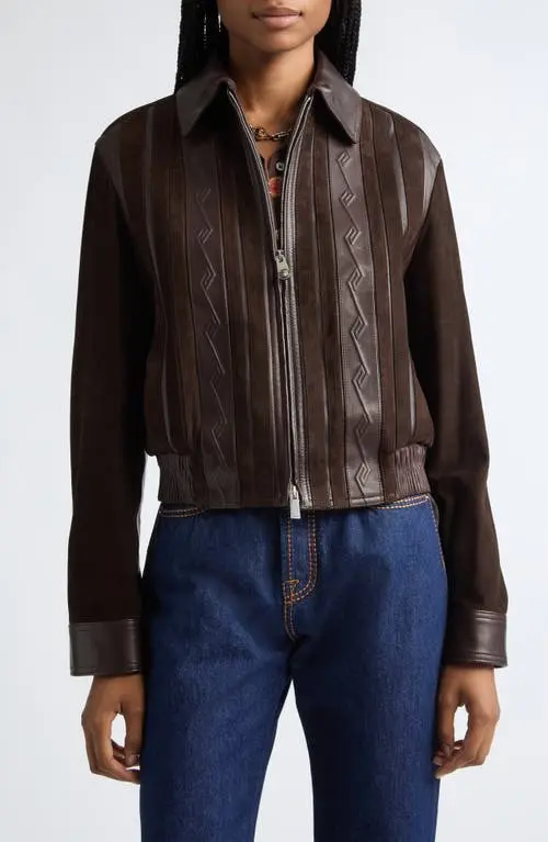 Versace Mixed Media Greca Blouson Jacket - Brown