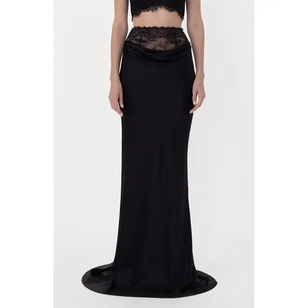 SAU LEE Lila Satin Trumpet Maxi Skirt - Black