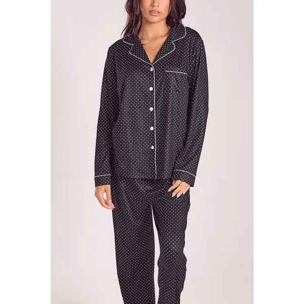 ICOLLECTION Brushed Microfiber Pajama Set With Contrast Piping - Black