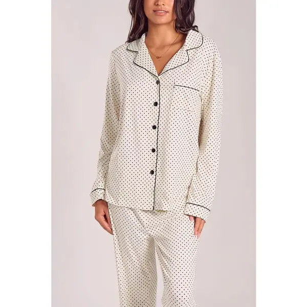 ICOLLECTION Brushed Microfiber Pajama Set With Contrast Piping - Ivory