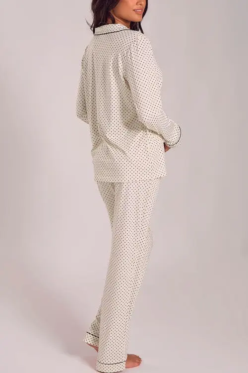 ICOLLECTION Brushed Microfiber Pajama Set With Contrast Piping - Ivory