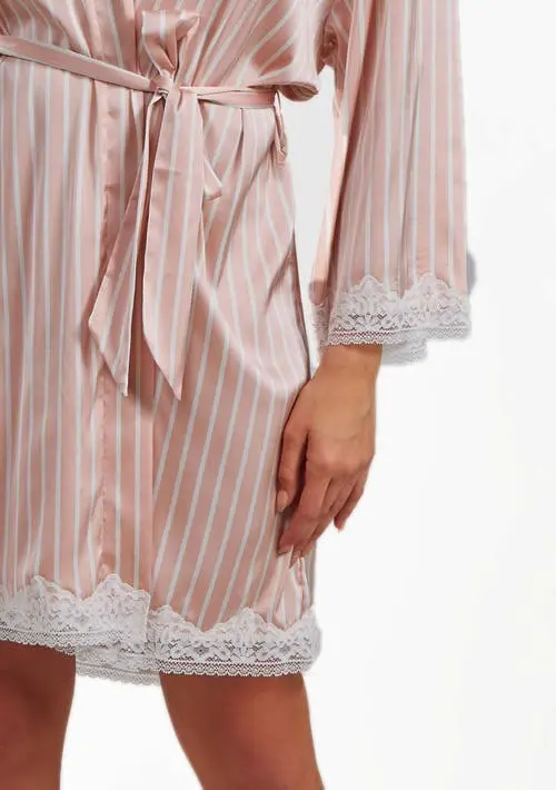ICOLLECTION Silky Satin Stripe Lace Robe Mid-thigh Length
