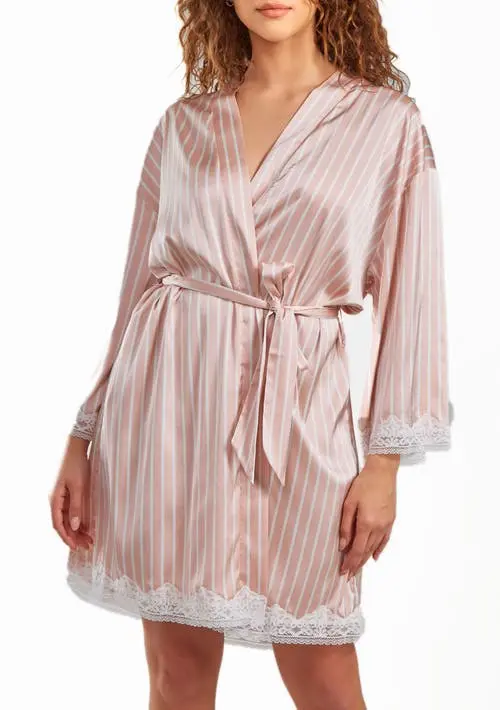 ICOLLECTION Silky Satin Stripe Lace Robe Mid-thigh Length - Pink