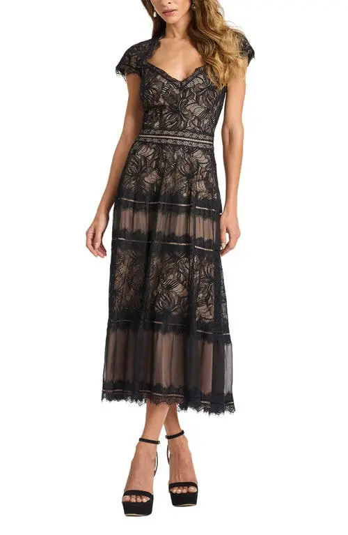 Tadashi Shoji Lace V-neck Midi Dress - Black/nude